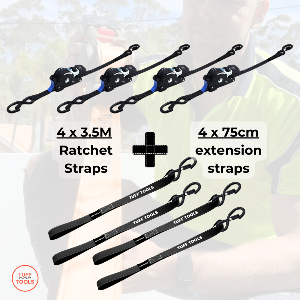 Retractable Ratchet Strap - 3.5m 4X Strap Value Set (Black)